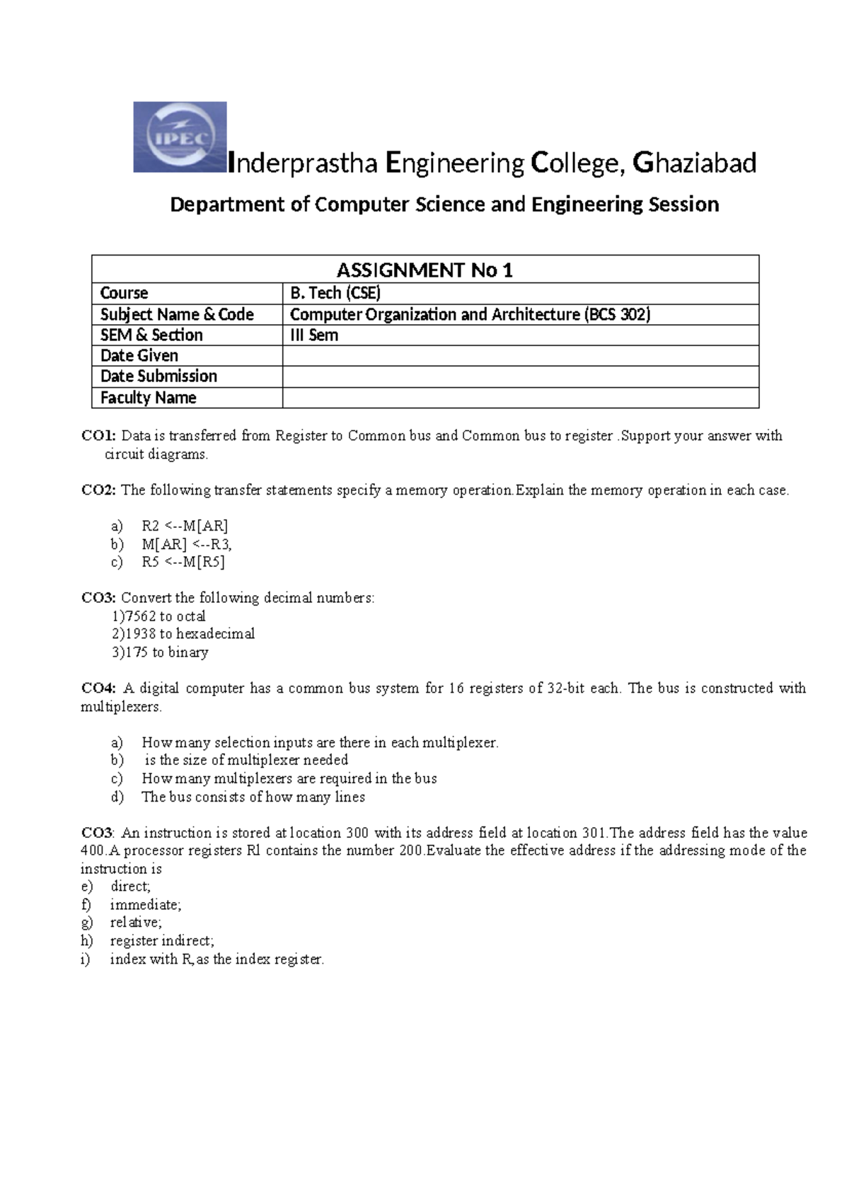 B. Tech (CSE) Assignment 1: Computer Organization & Architecture (BCS 302) - Studocu