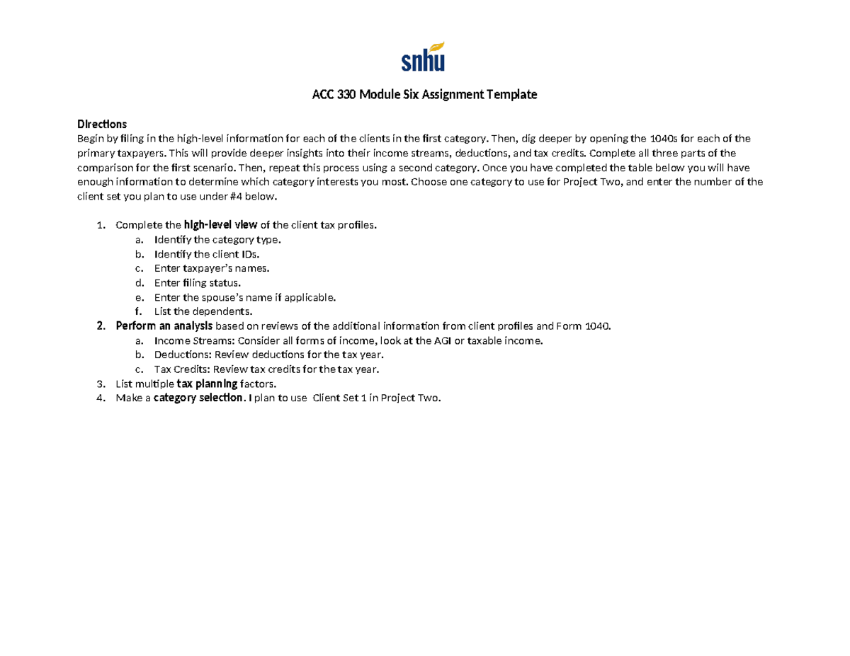 ACC 330 Module 6 Assignment: Client Tax Profiles Analysis - Studocu