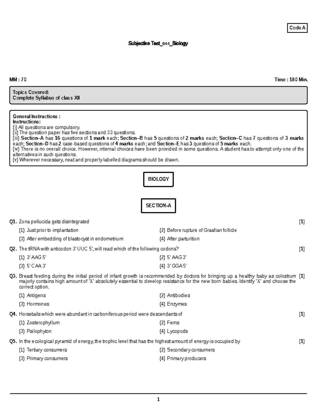 Biology Subjective Test 044: Complete Syllabus Class XII - Studocu