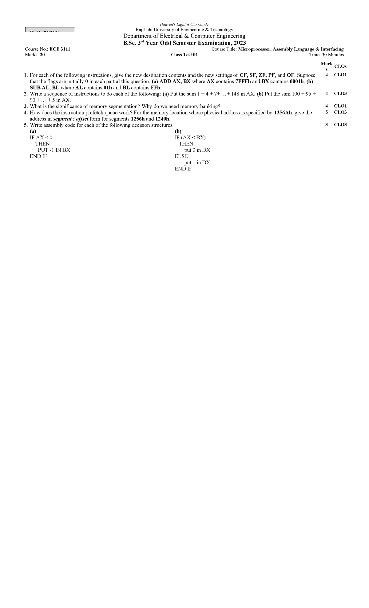 ECE 3111 Class Test Questions on Microprocessor & Assembly Language ...