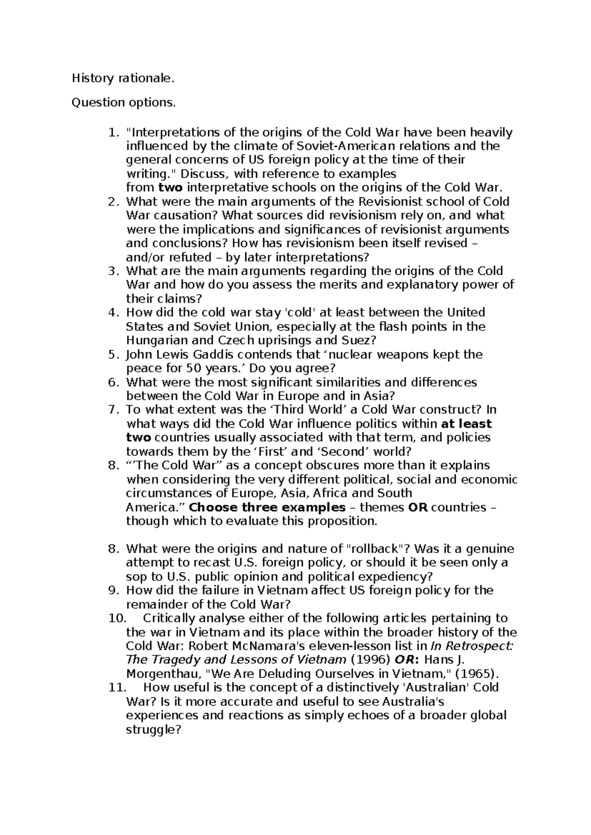 HIST 101: Cold War Origins and Interpretations - Exam Questions - Studocu