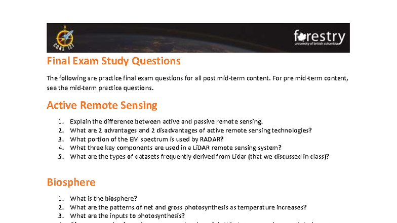 Final Exam Practice Questions for Remote Sensing 2025W1 - Studocu