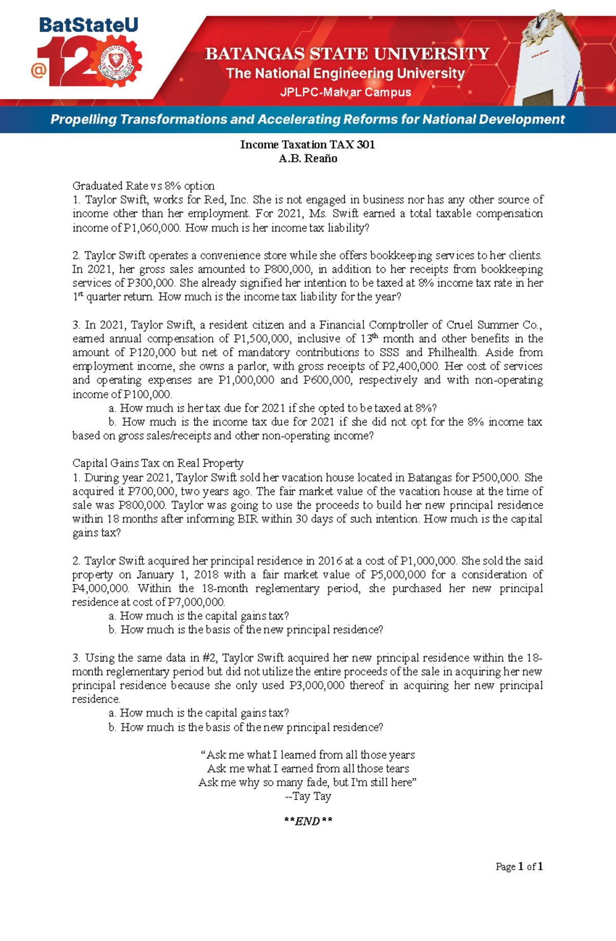 Additional Sample Problems in Income Taxation for Individuals - TAX 301 ...