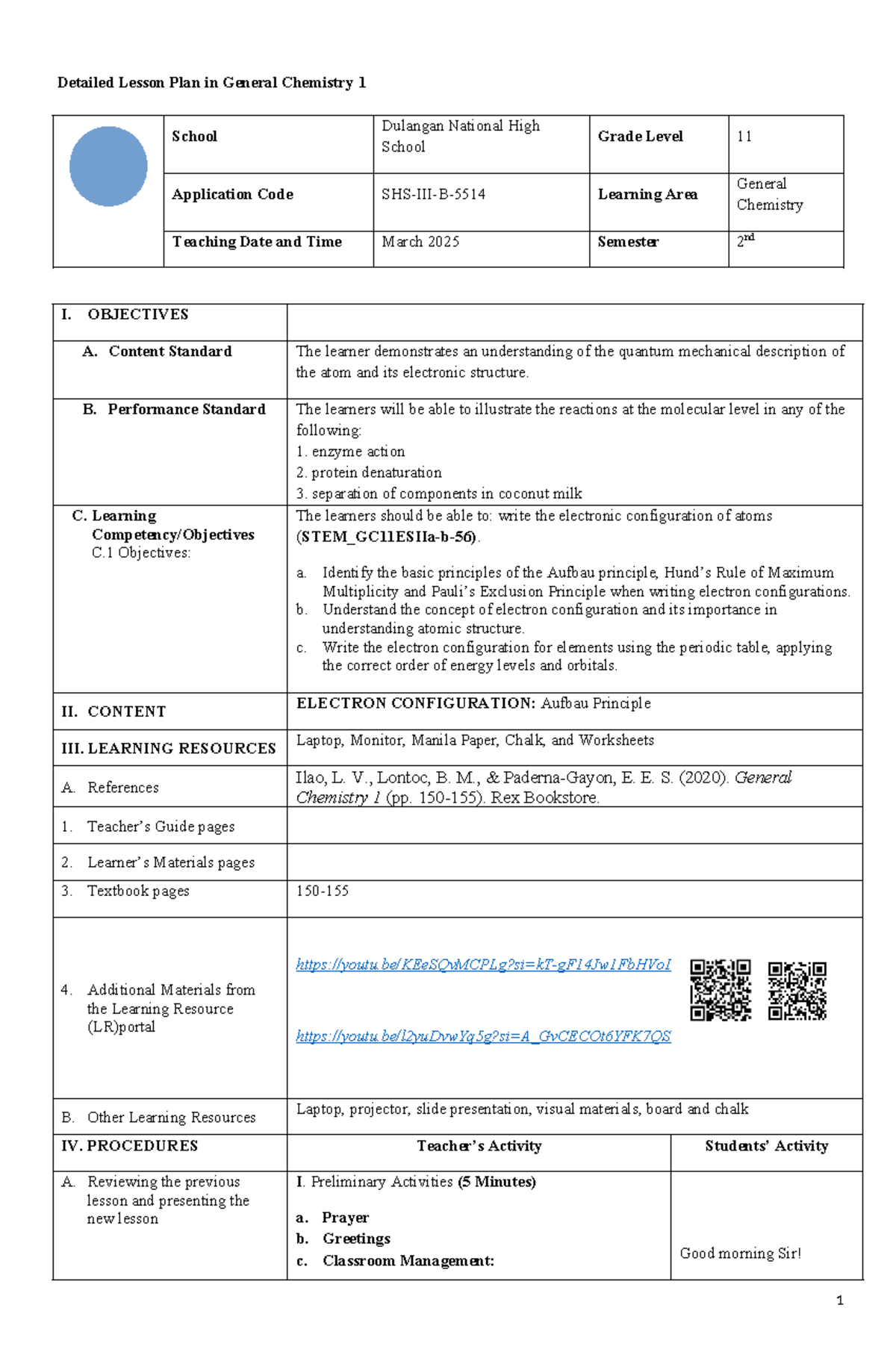 General Chemistry 1 (GCHM 101) Detailed Lesson Plan: Electron ...