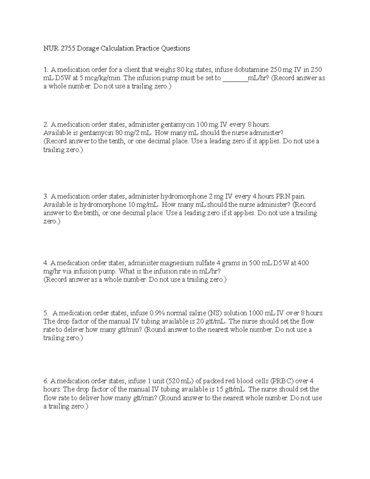 NUR 2755 Dosage Calculation Practice Test with Solutions - Studocu