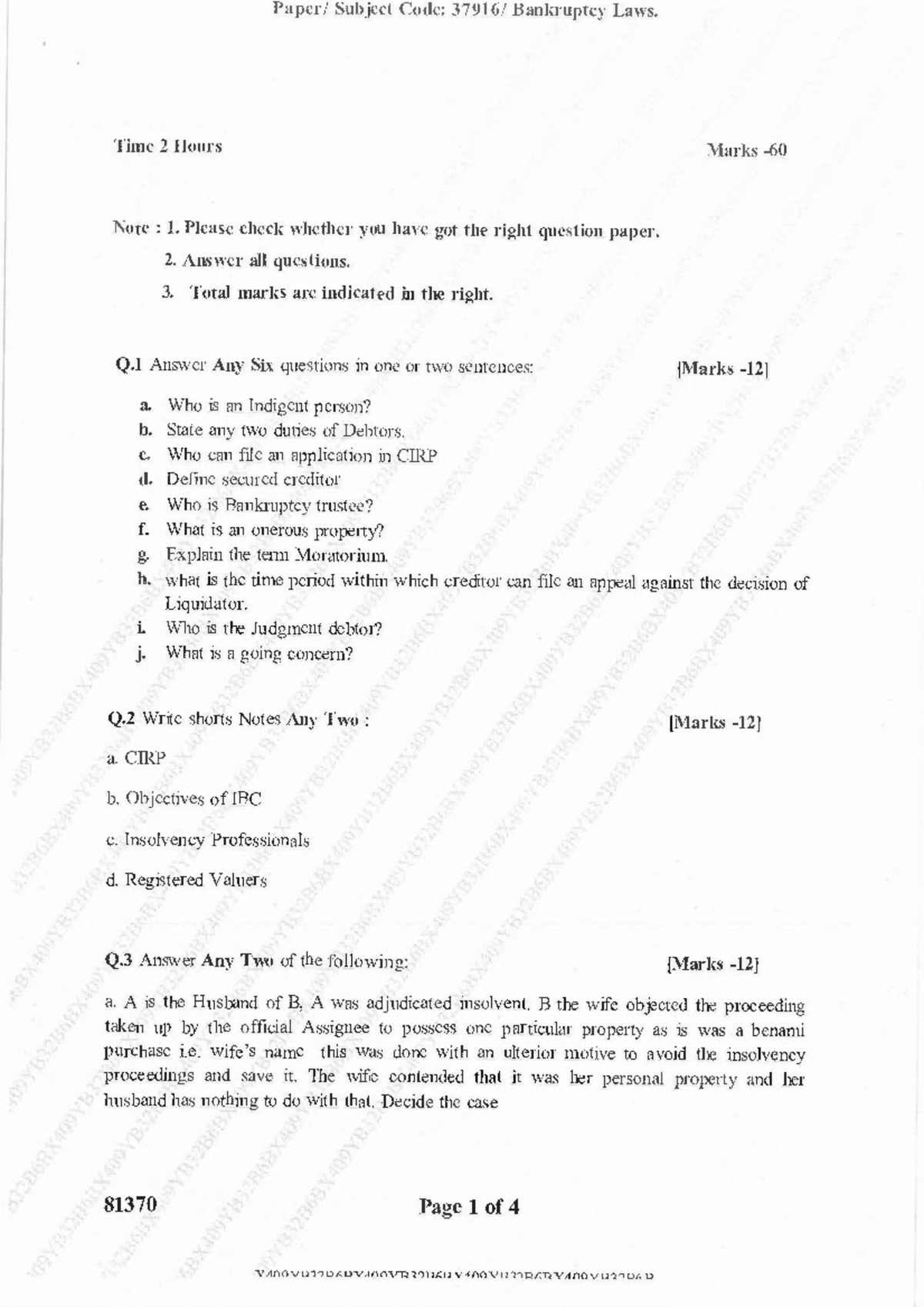 Bankruptcy Laws - Question Paper (Subject Code: 37916) - Studocu