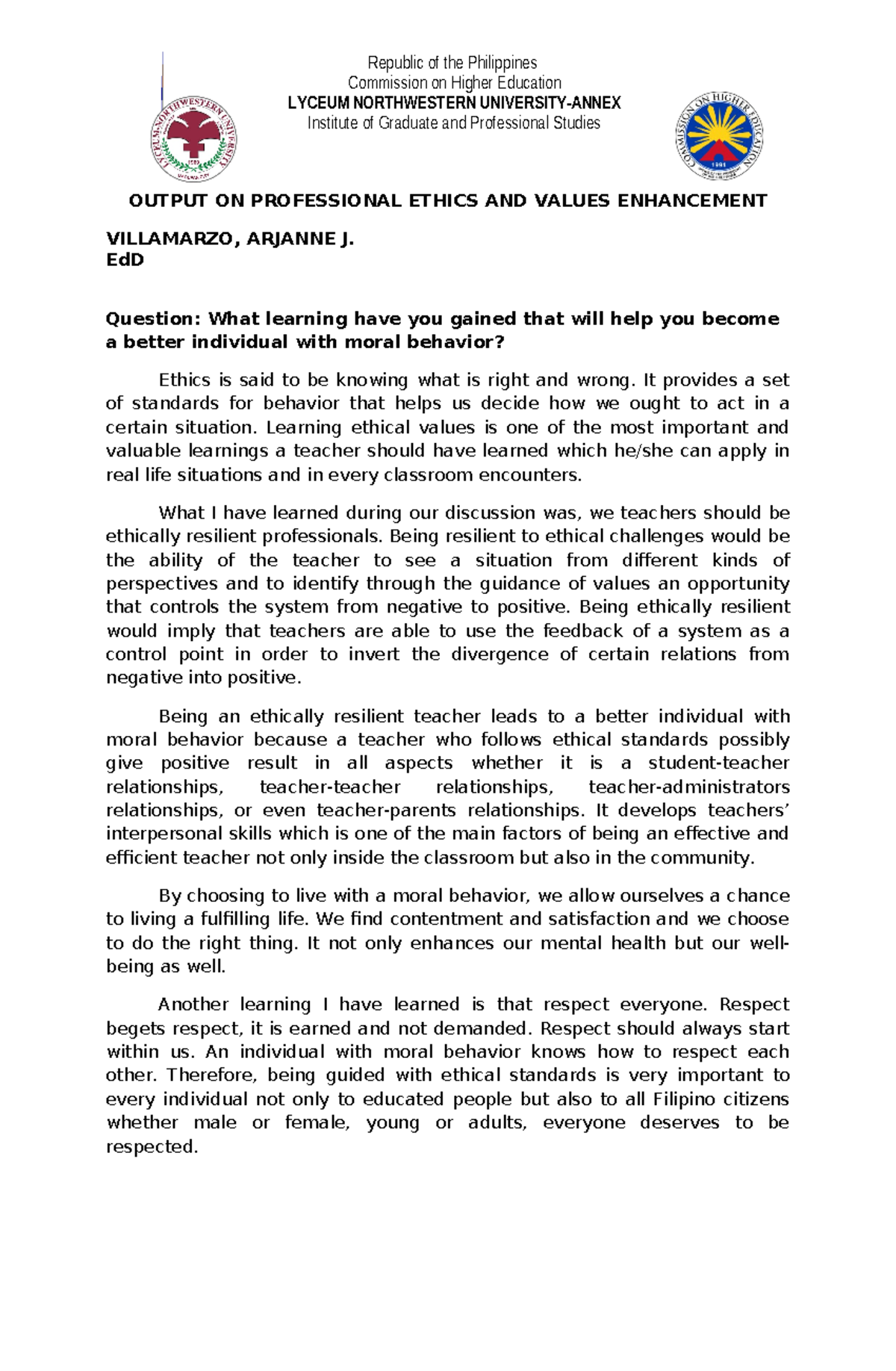 Output on Professional Ethics and Values Enhancement - EdD - Studocu