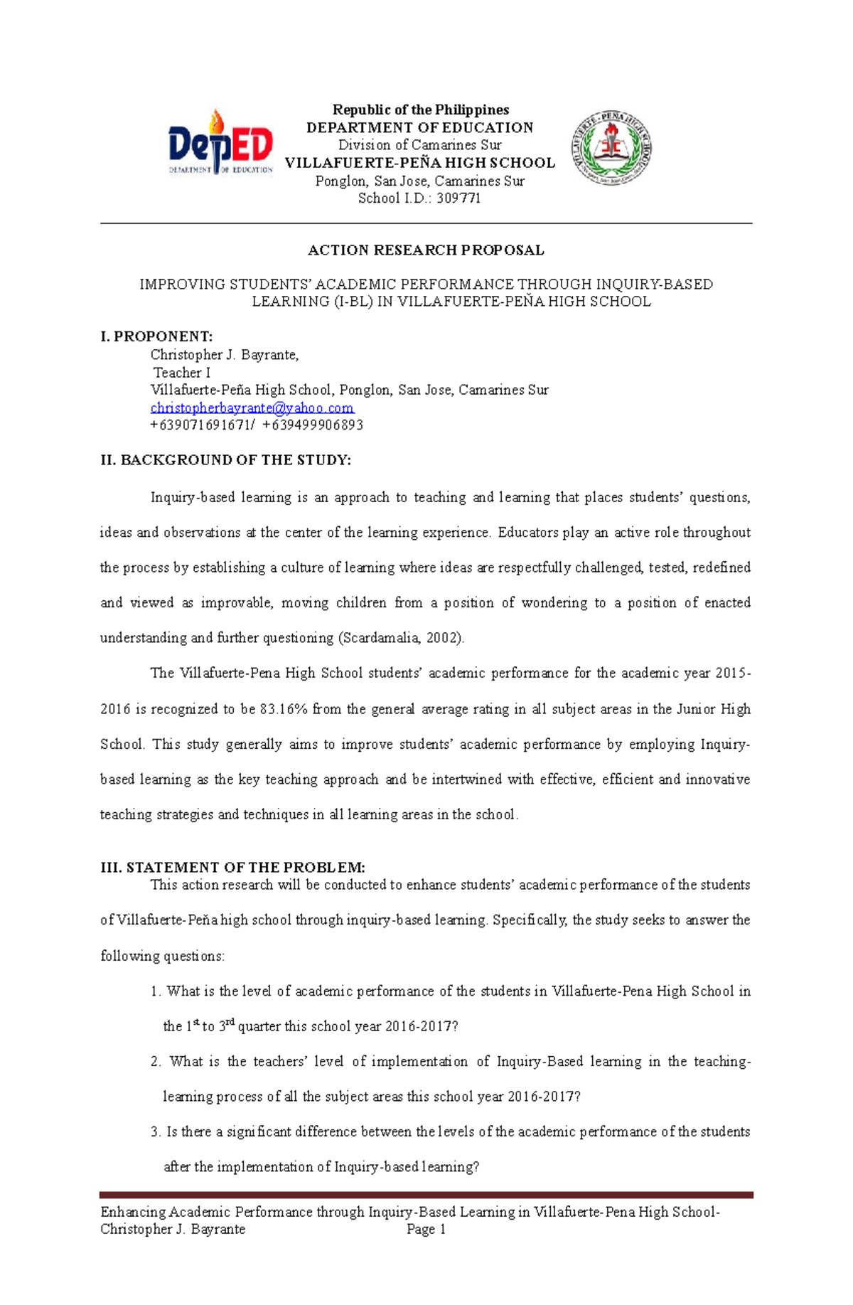 Improving Academic Performance Through I-BL Action Research Proposal ...