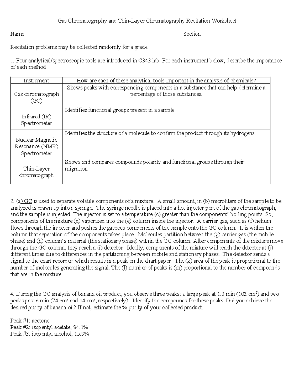 GC and TLC Worksheet Finished - Gas Chromatography and Thin-Layer ...