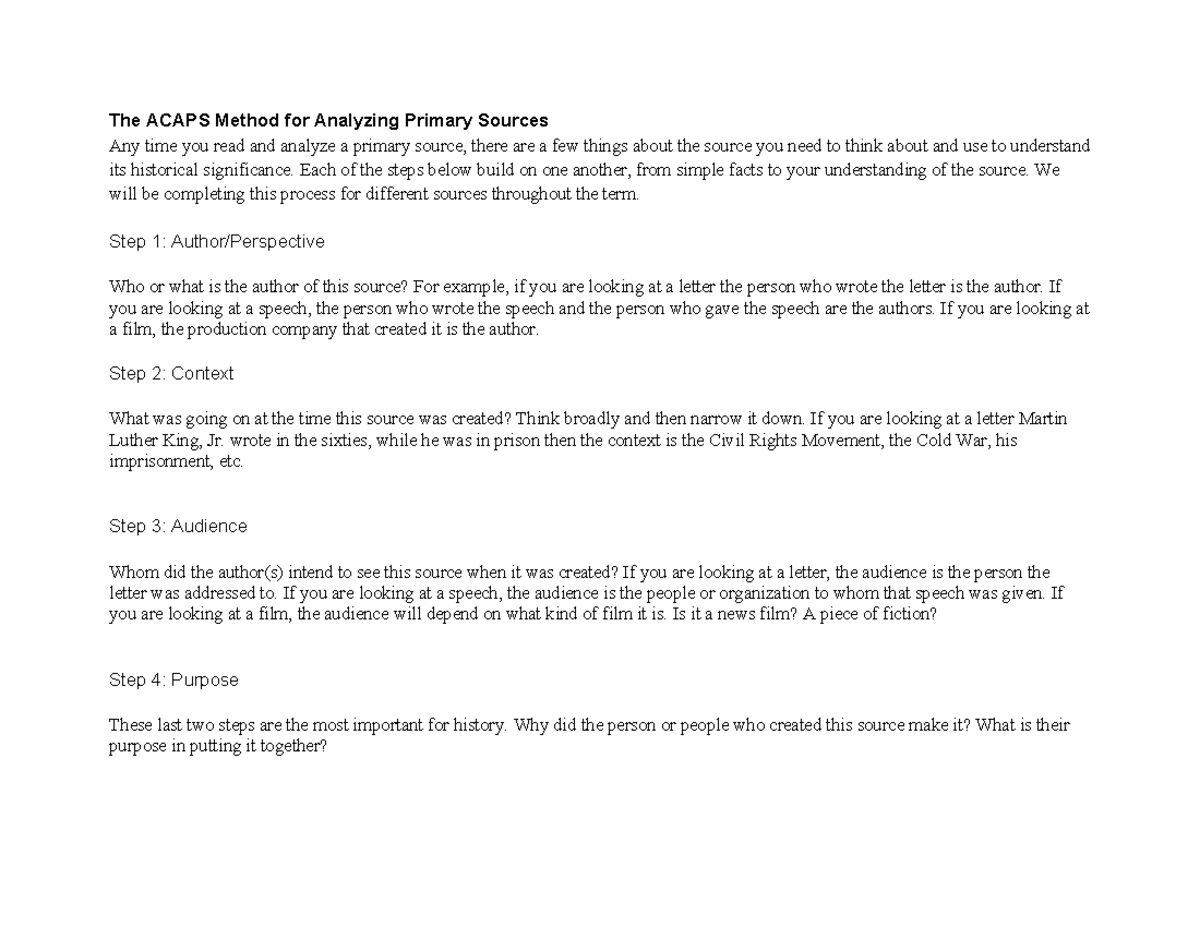 ACAPS Method: Analyzing Primary Sources and Historical Significance ...