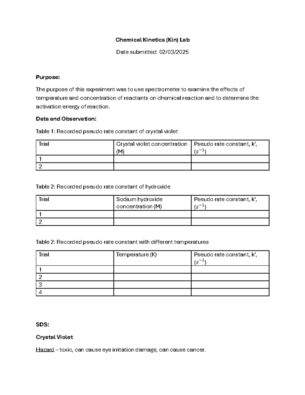 Kinpre Lab - Chemical Kinetics Pre Lab Report - Studocu