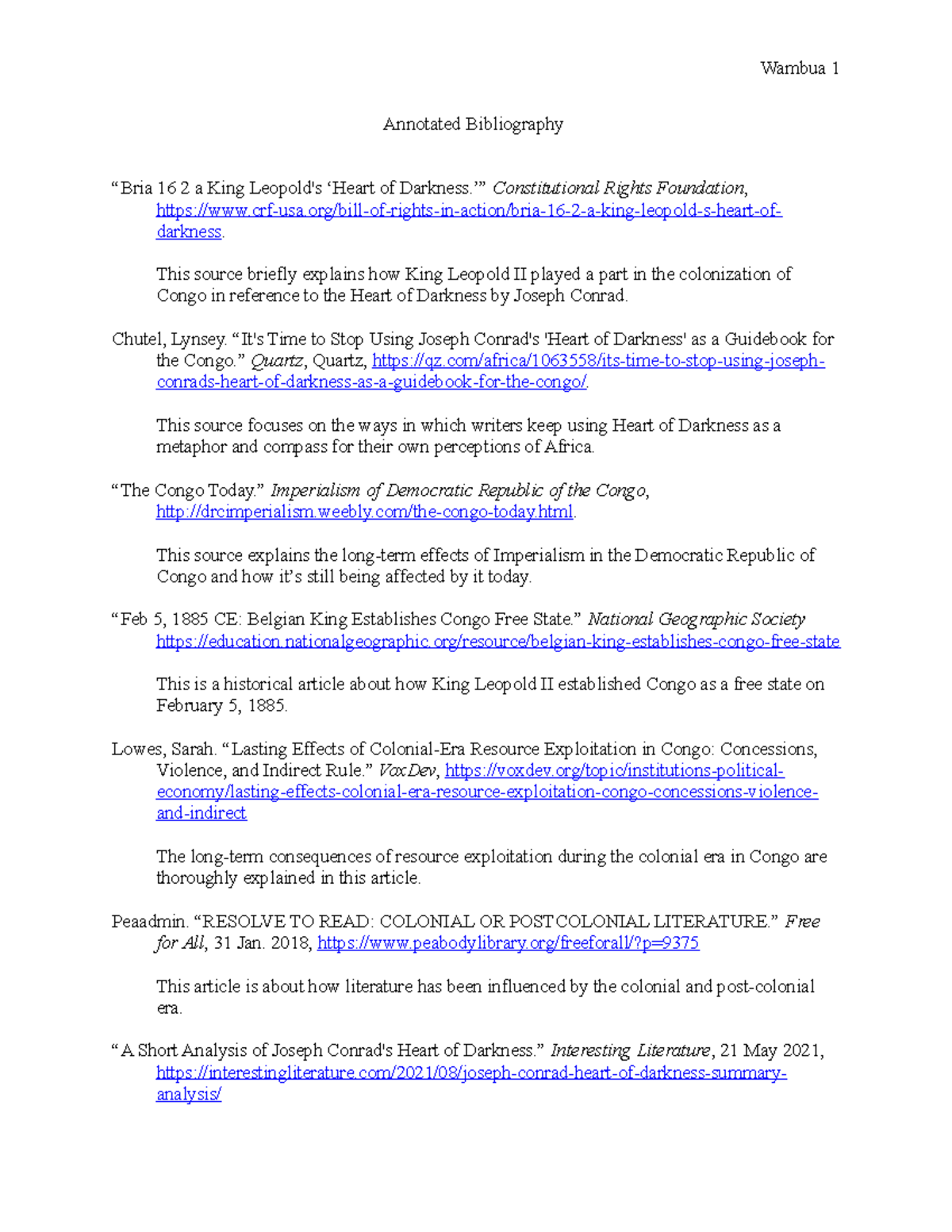 engl 1302 - Annotated Bibliography on "Heart of Darkness" Analysis ...