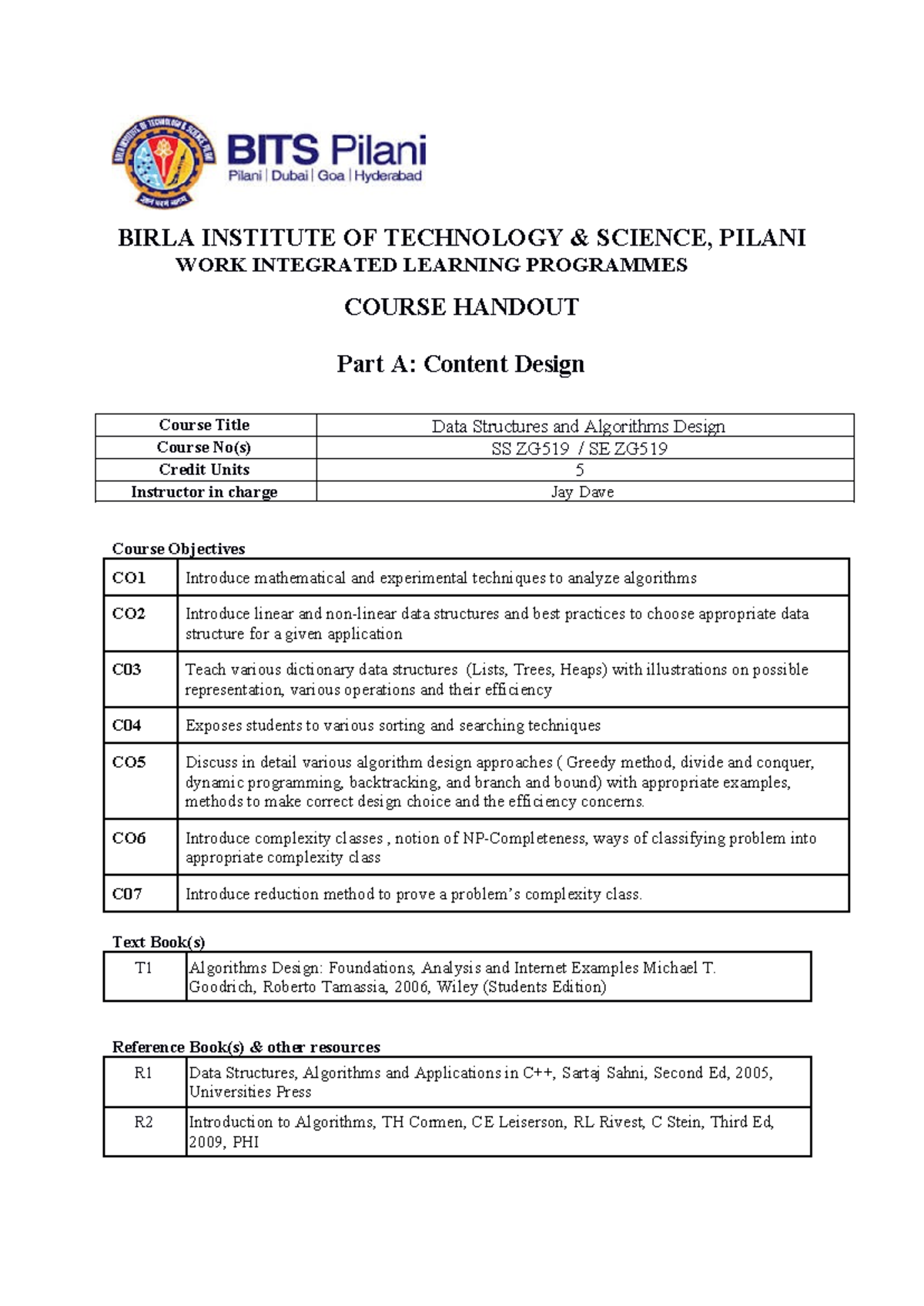 SS ZG519 Course Handout: Data Structures & Algorithms Design Overview ...