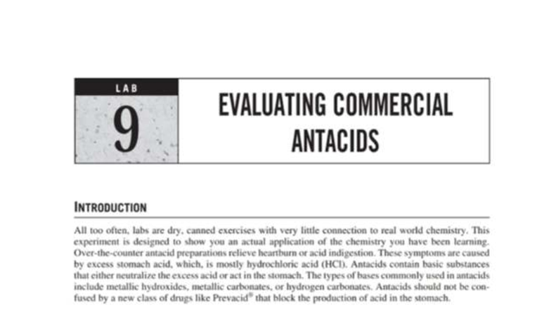 LAB 9: EVALUATING COMMERCIAL ANTACIDS EXPERIMENT DETAILS - Studocu