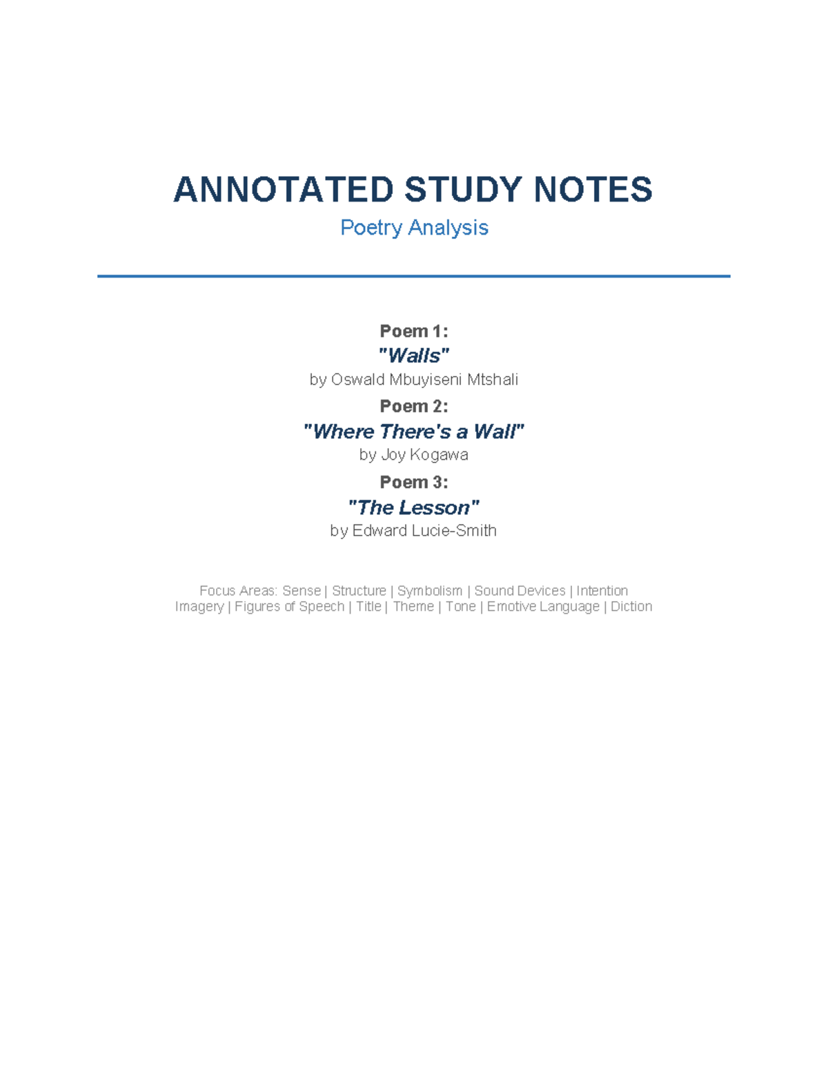 Poetry Study Notes: Analysis of Mtshali, Kogawa, and Edward - Studocu