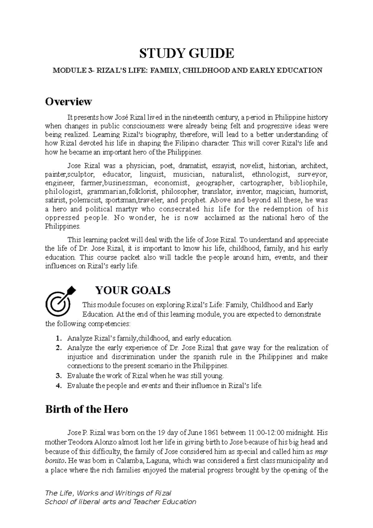 Study- Guide-Rizal Chapter 3 - STUDY GUIDE MODULE 3- RIZAL’S LIFE: FAMILY, CHILDHOOD AND EARLY ...