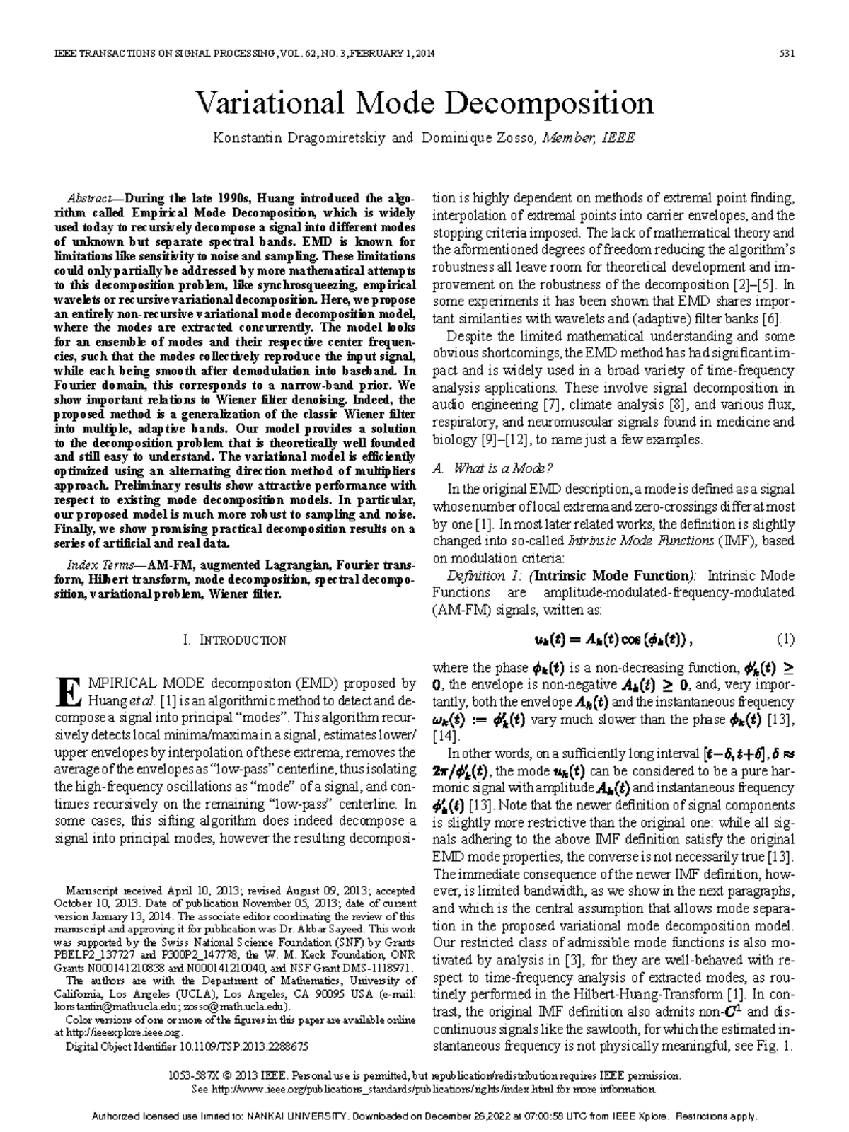 Variational Mode Decomposition: A Novel Signal Analysis Approach - Studocu