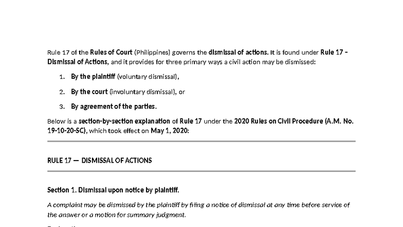 Rule 17: Dismissal of Actions Under the 2020 Rules of Court ...
