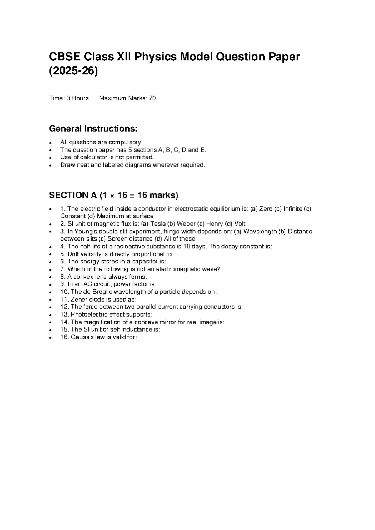 CBSE Class 12 Physics Model Question Paper 2026 - Studocu