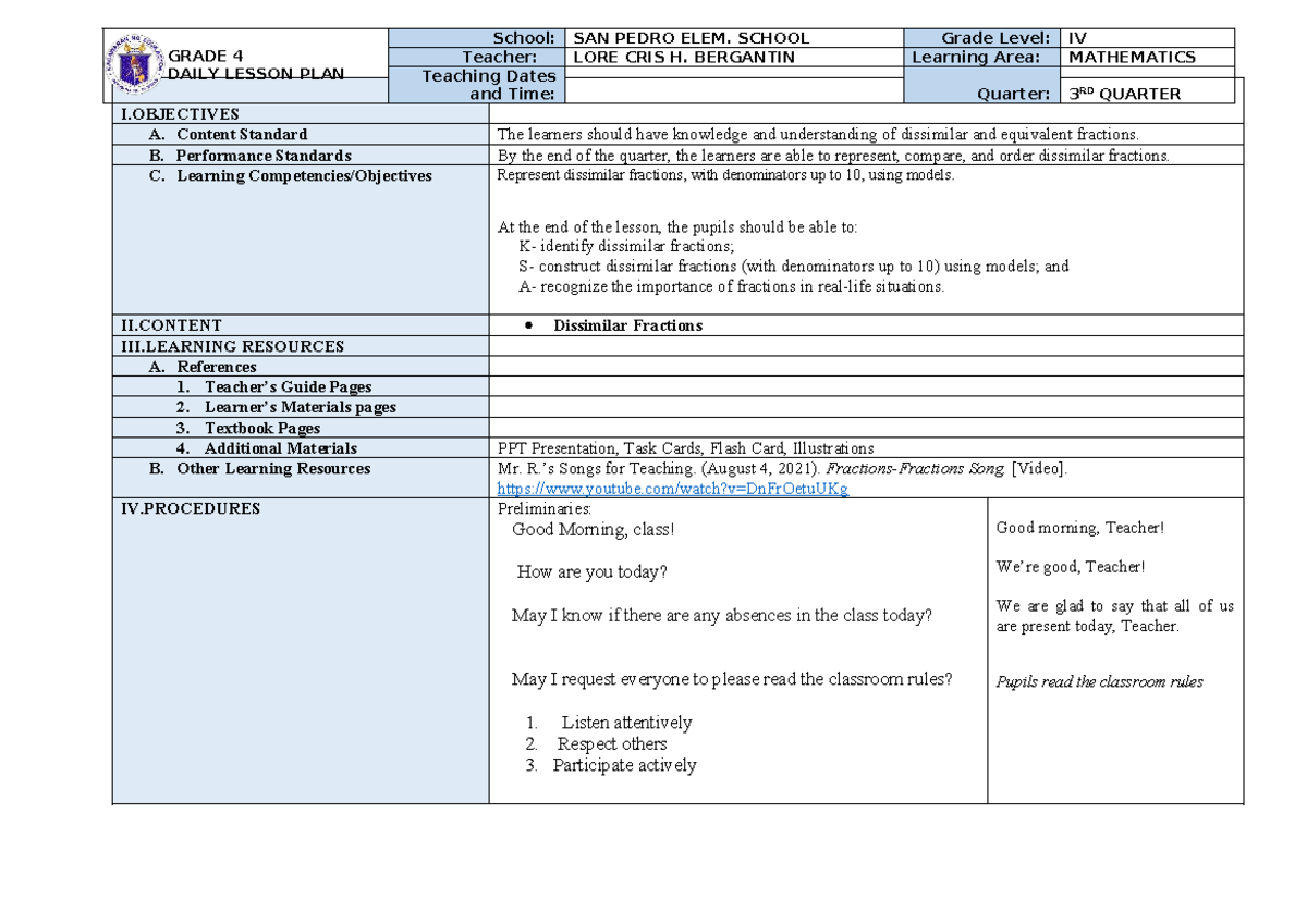 GRADE 4 MATH IV DAILY LESSON PLAN: Dissimilar Fractions - Studocu