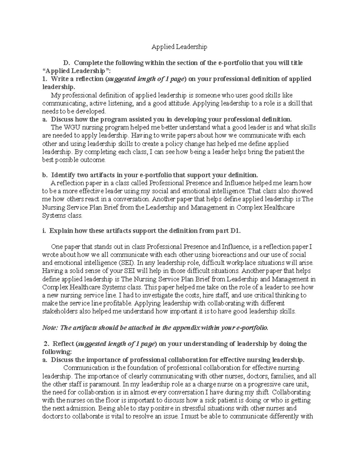 Applied Leadership - Complete the following within the section of the e ...