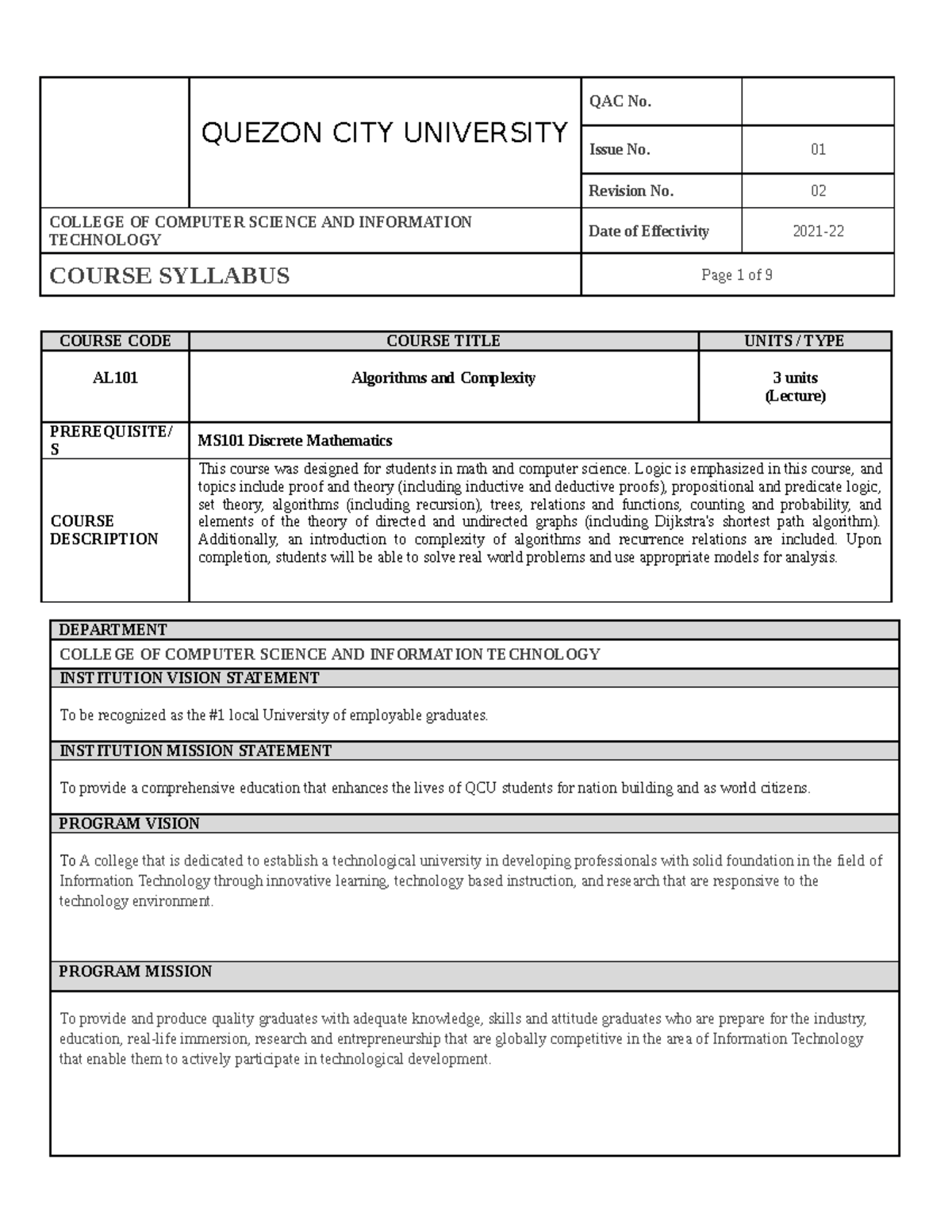 Al101 Algorithm And Complexity Course Syllabus Issue No 01 Revision