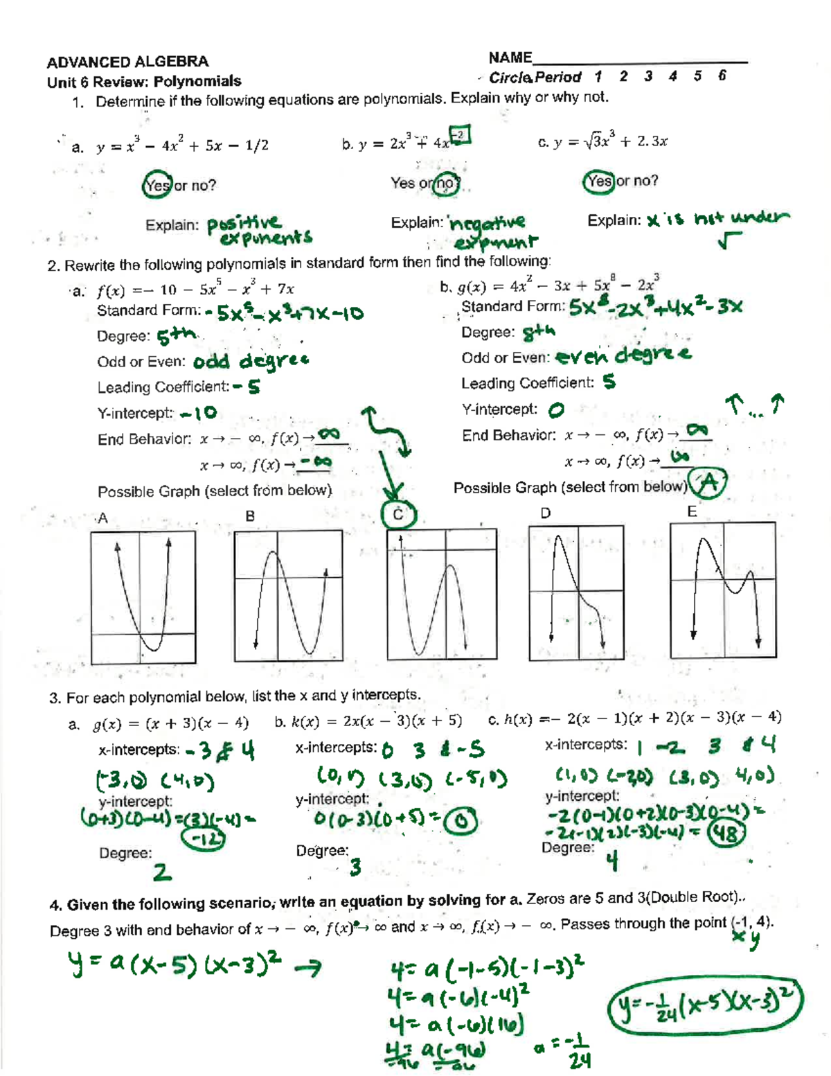 Unit 6 Review KEY: Polynomials and Key Concepts - Advanced Algebra 2025 ...