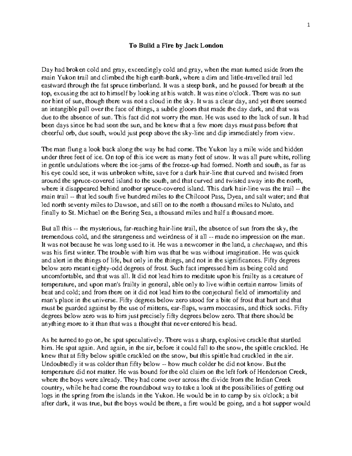 "1 To Build a Fire - Essay Analysis and Insights" - Studocu