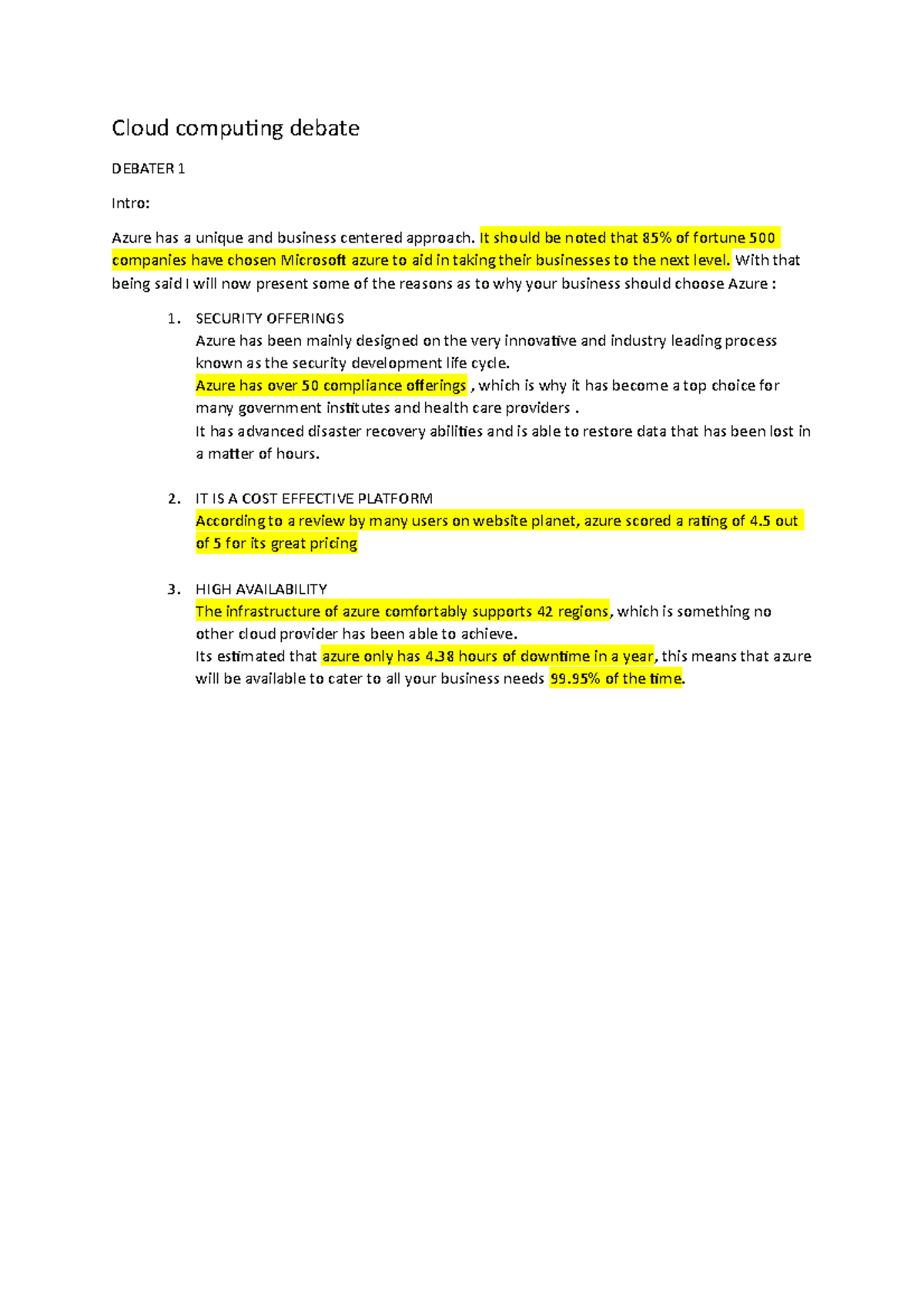 Cloud computing debate - Cloud computing debate DEBATER 1 Intro: Azure ...