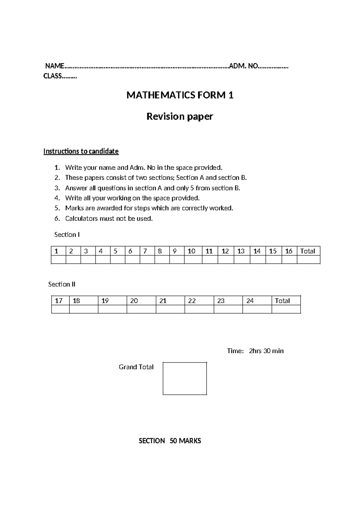 Mathematics Form 1 Revision Paper - Comprehensive Study Guide - Studocu