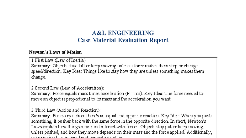 PHY 150 Case Material Evaluation Report: Laws of Motion Analysis - Studocu