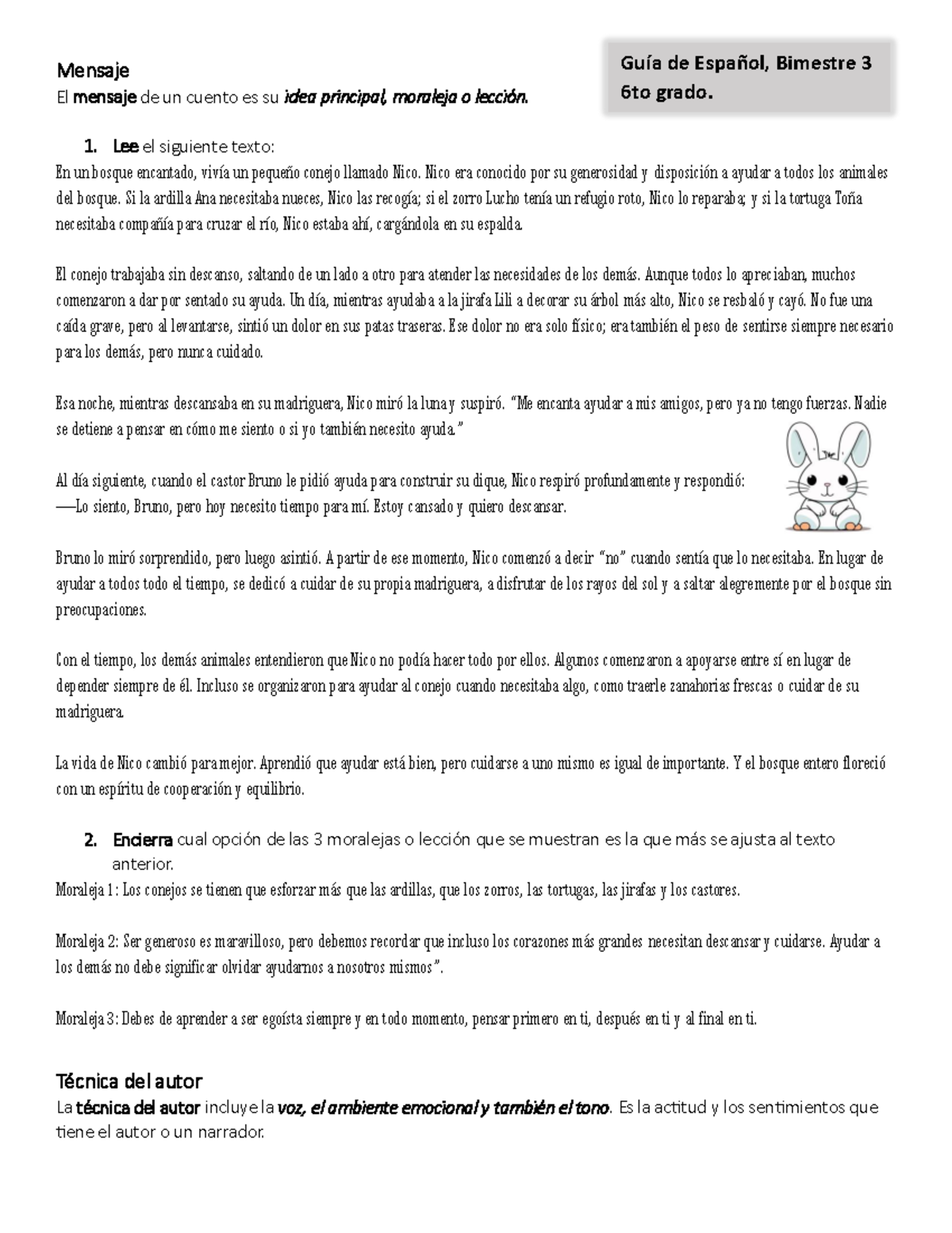 Examen de Español Bimestre 3: Mensaje y Moraleja en Cuentos - Studocu