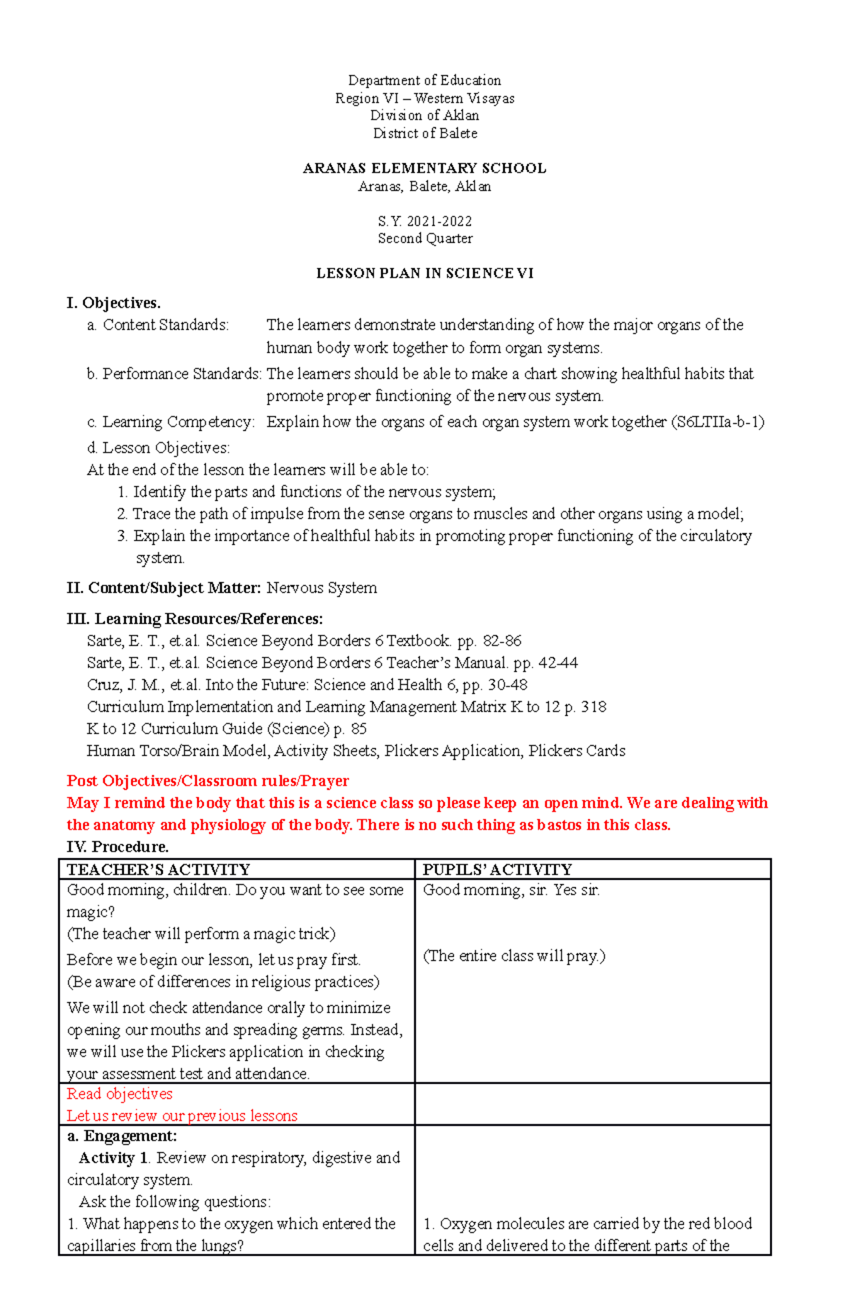 Nervous System Science VI Lesson Plan (S.Y. 2021-2022) - Studocu