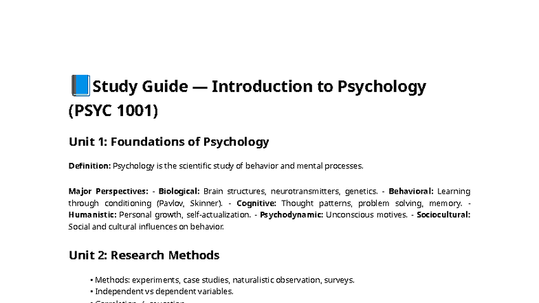 Study Guide for Introduction to Psychology (PSYC 1001) - Studocu