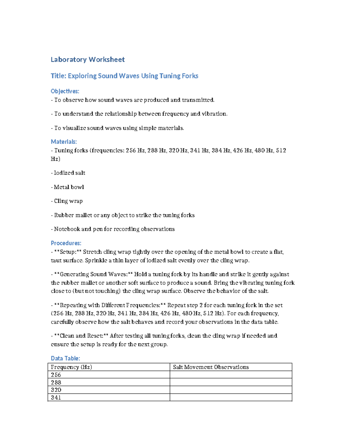 Exploring Sound Waves: Tuning Fork Experiment for Grade 7 - Studocu