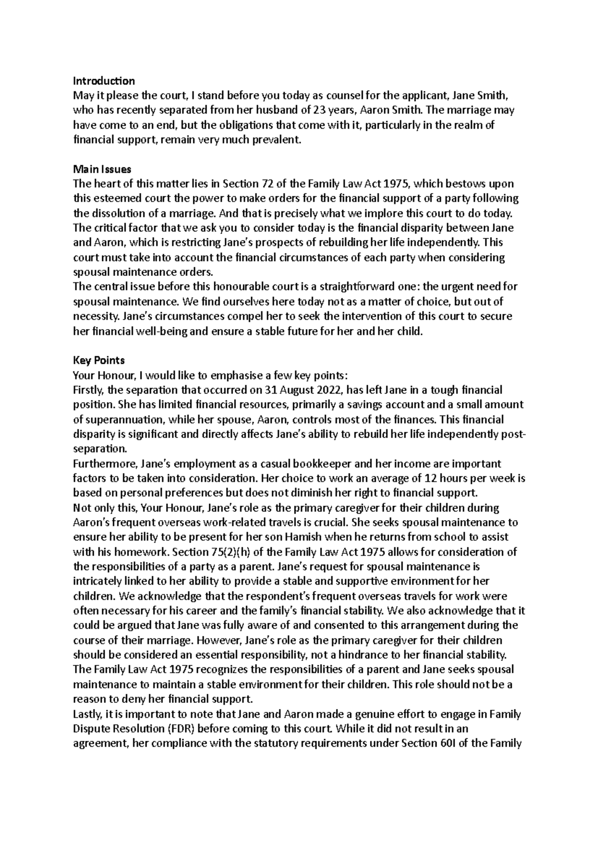 Oral Submission for Spousal Maintenance - Family Law Case Study - Studocu