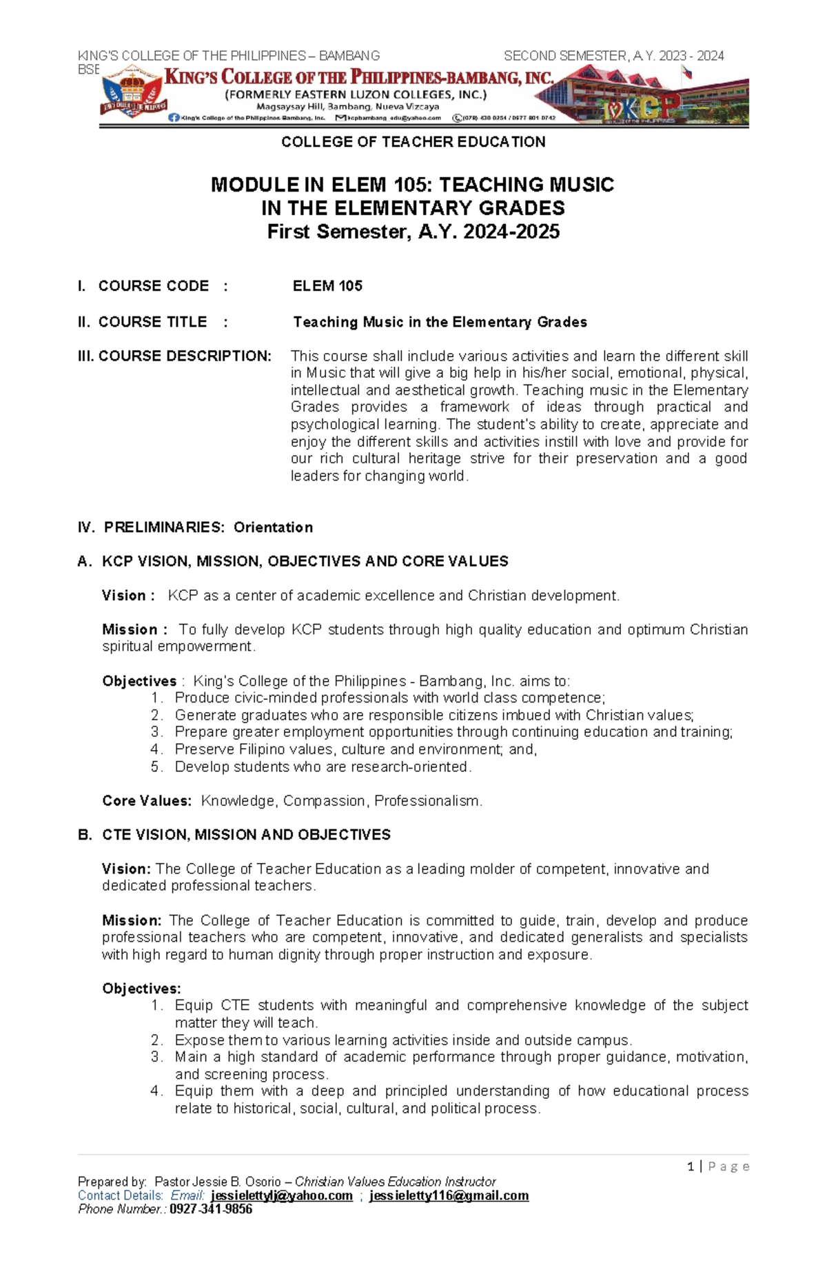 Module - Syllabus - BSEd II / BEEd II ELEC 4: CHRISTIAN VALUES ...