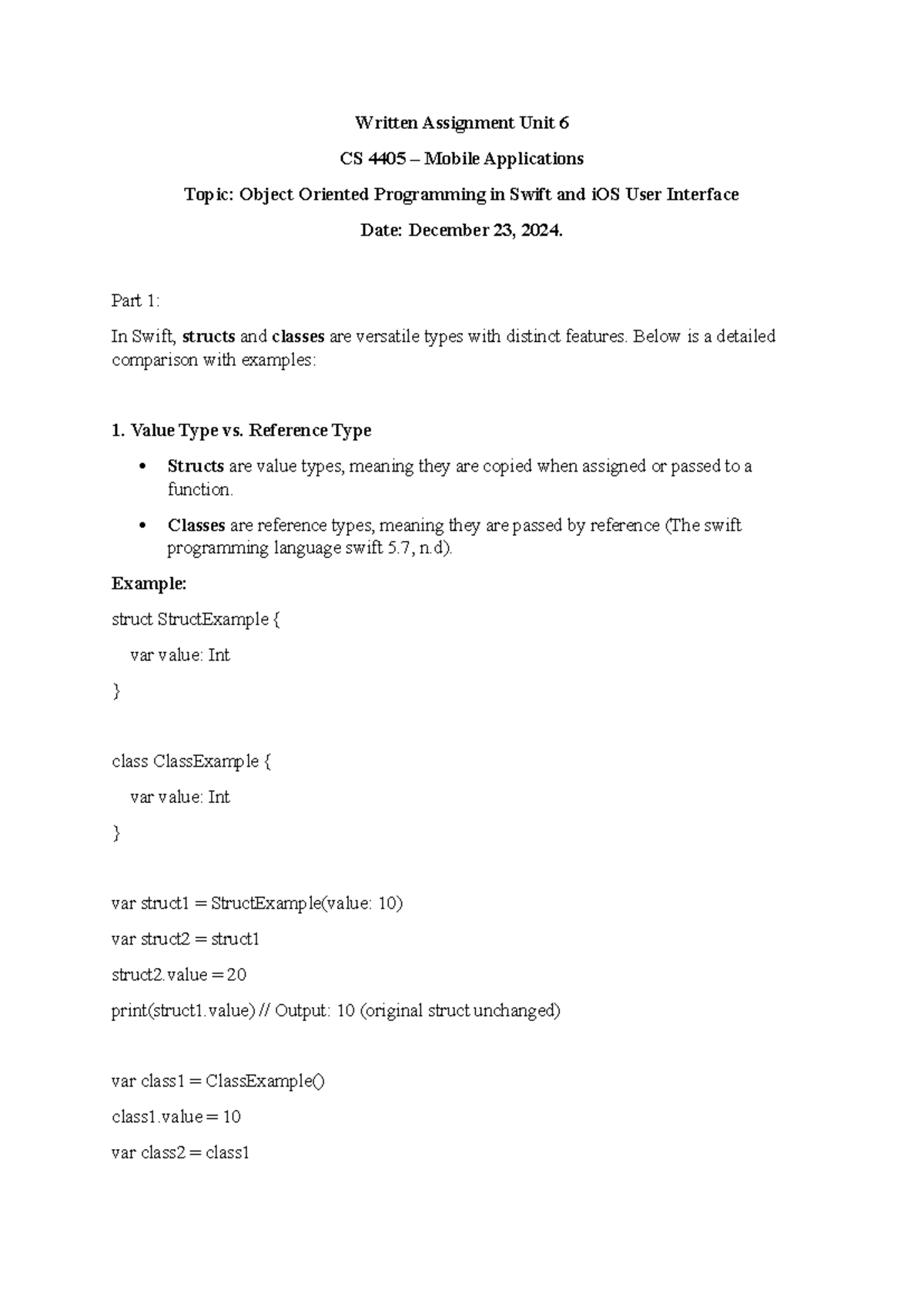 CS 4405 - Written Assignment Unit 6: OOP in Swift and iOS UI - Studocu