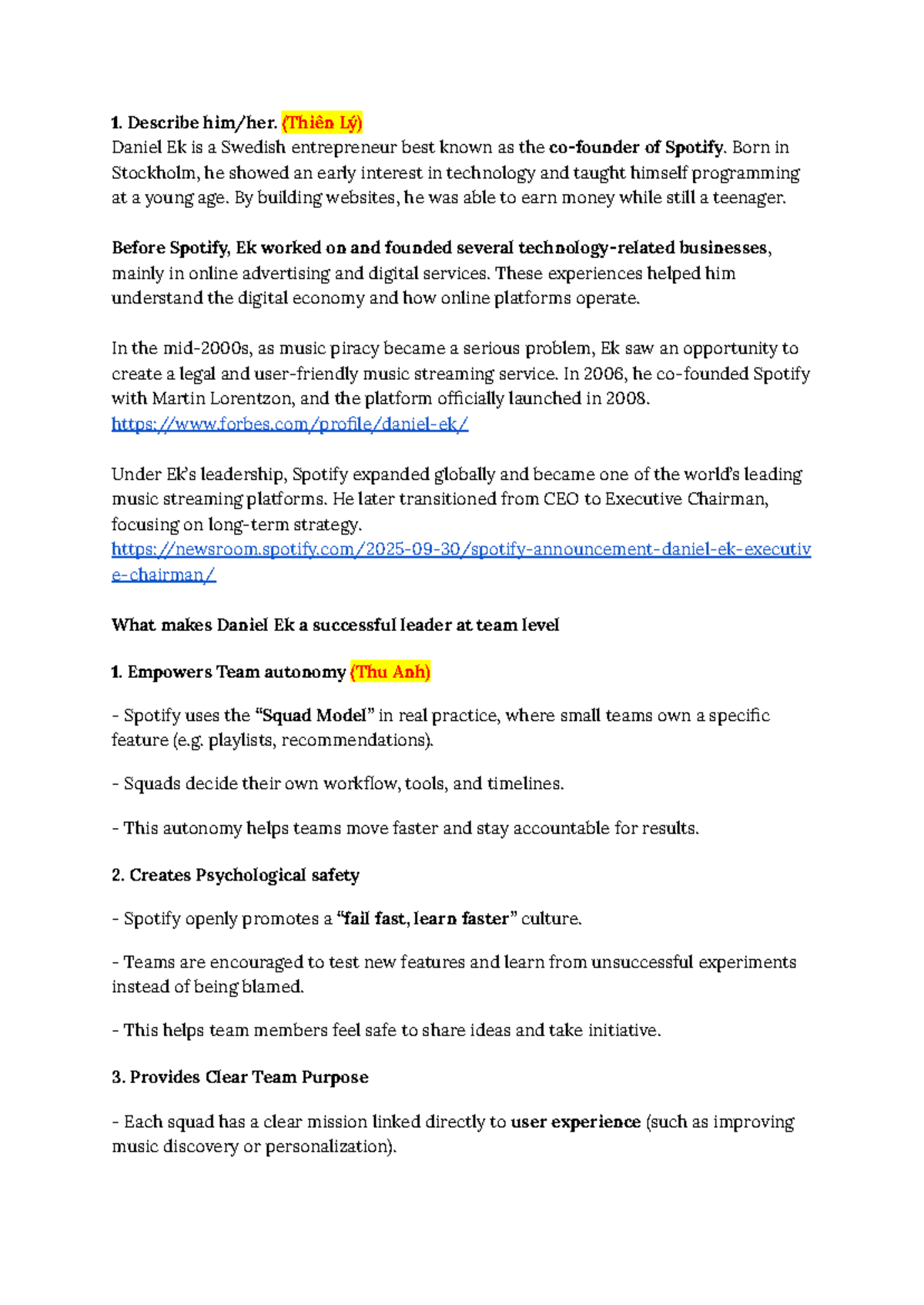 OB Leadership Content: Daniel Ek's Success at Spotify - Studocu