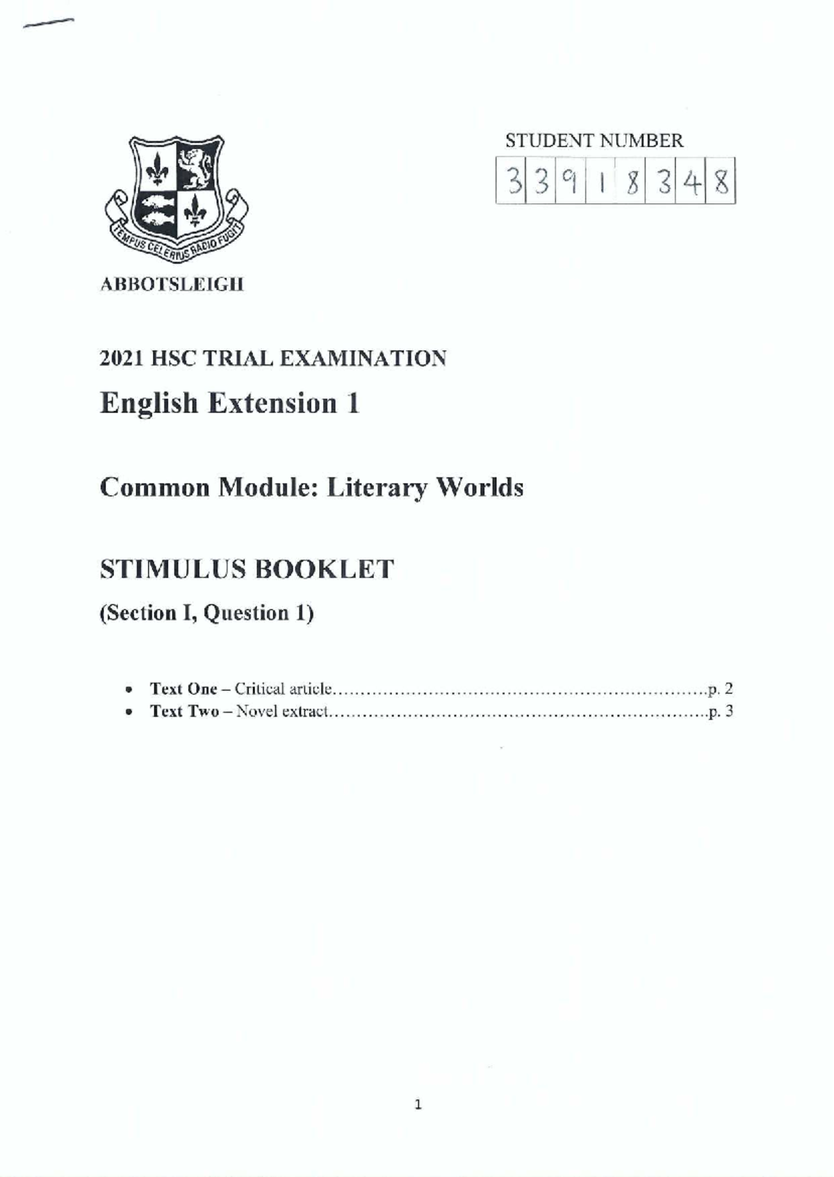 Abbotsleigh 2021 HSC Trial Exam: English Extension 1 Literary Worlds ...