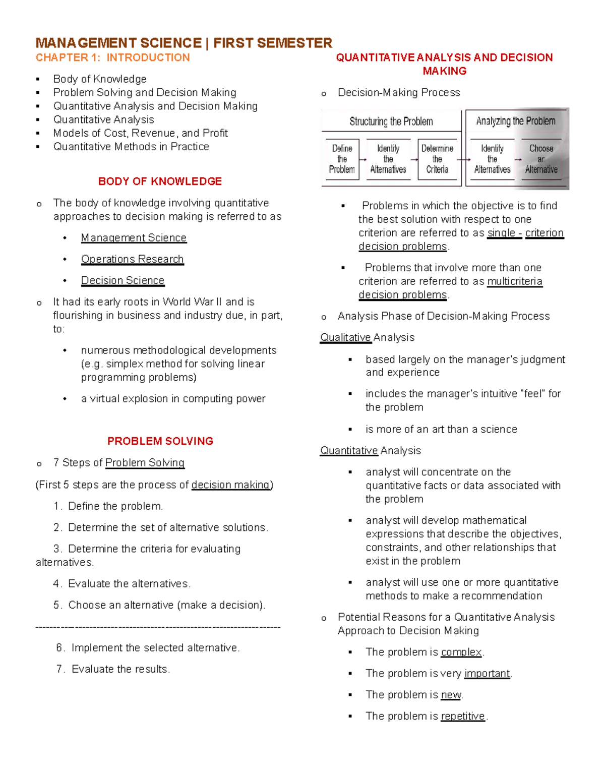 MANAGEMENT SCIENCE 1ST SEMESTER CHAPTER 1: INTRODUCTION TO QUANTITATIVE ...