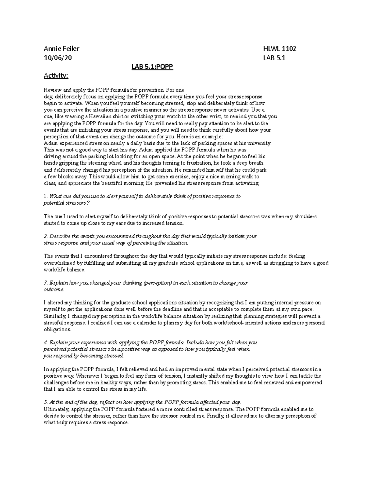 HLWL 1102 Lab 5: Application of the POPP Formula for Stress Management ...