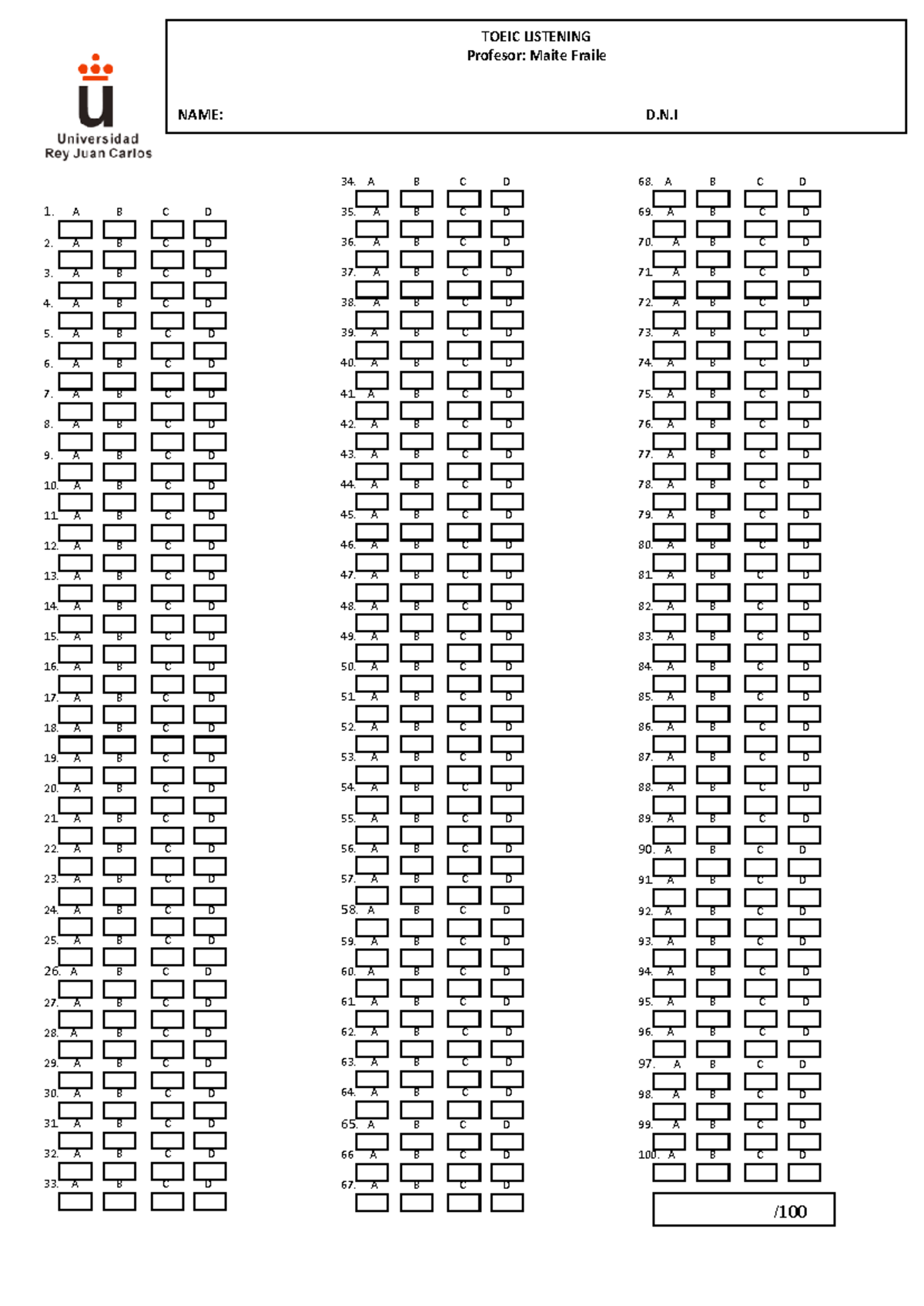 TOEIC Listening Exam Answer Sheet - Maite Fraile - Studocu