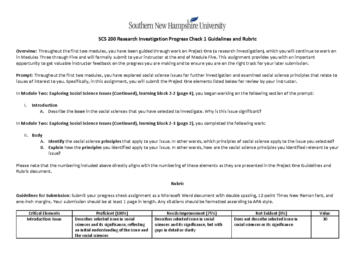 SCS 200 Research Investigation Progress Check 1 Guidelines & Rubric ...
