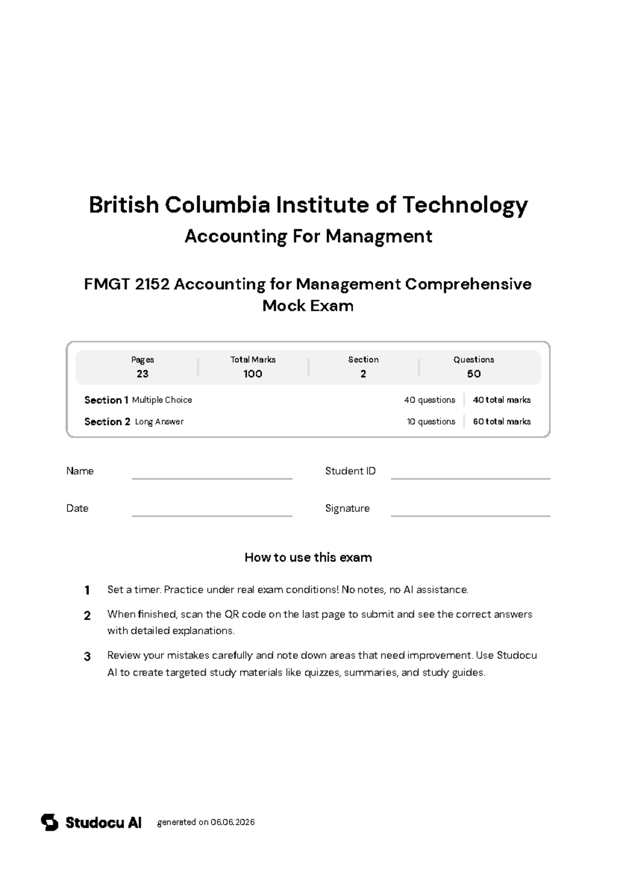 FMGT 2152 Comprehensive Mock Exam for Accounting - Studocu