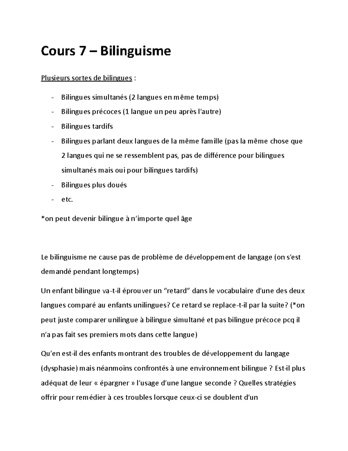 Notes Cours 7 lng1010 (bilinguisme) - Cours 7 – Bilinguisme Plusieurs ...