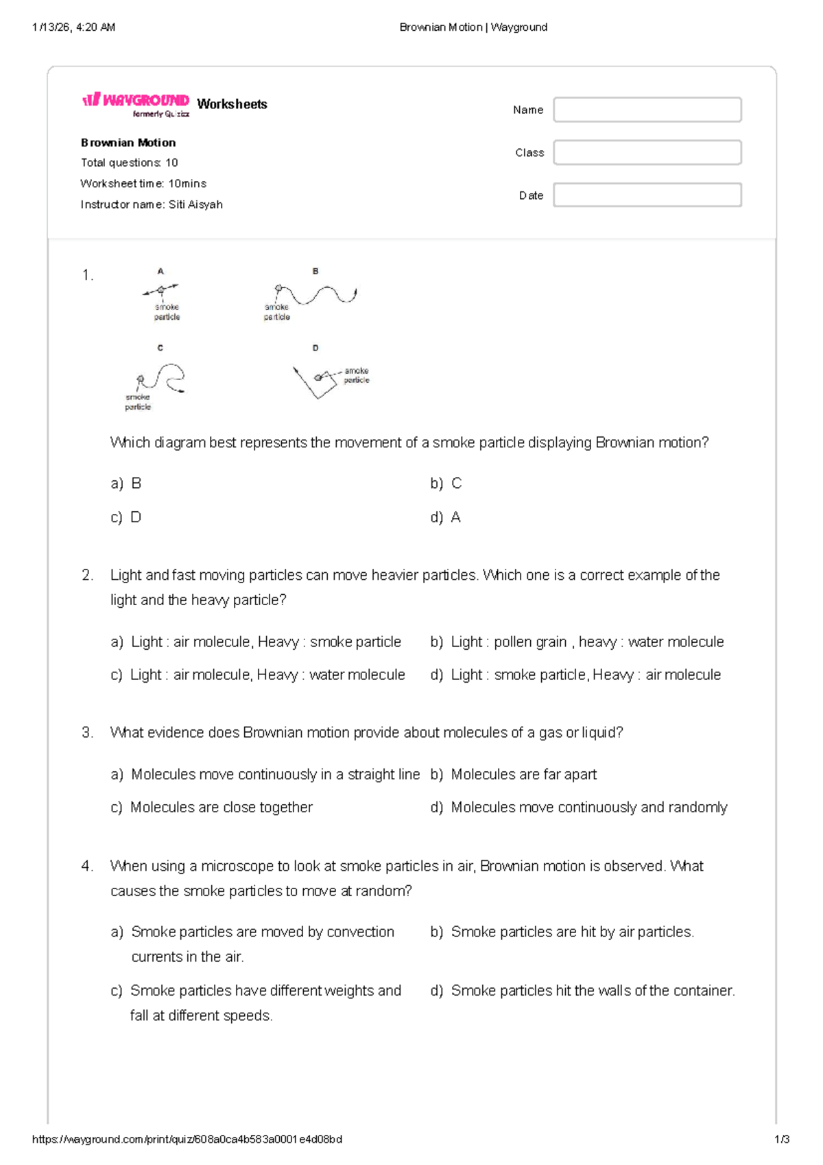 Brownian Motion Worksheet (4:20 AM) - Total Questions: 10 - Studocu