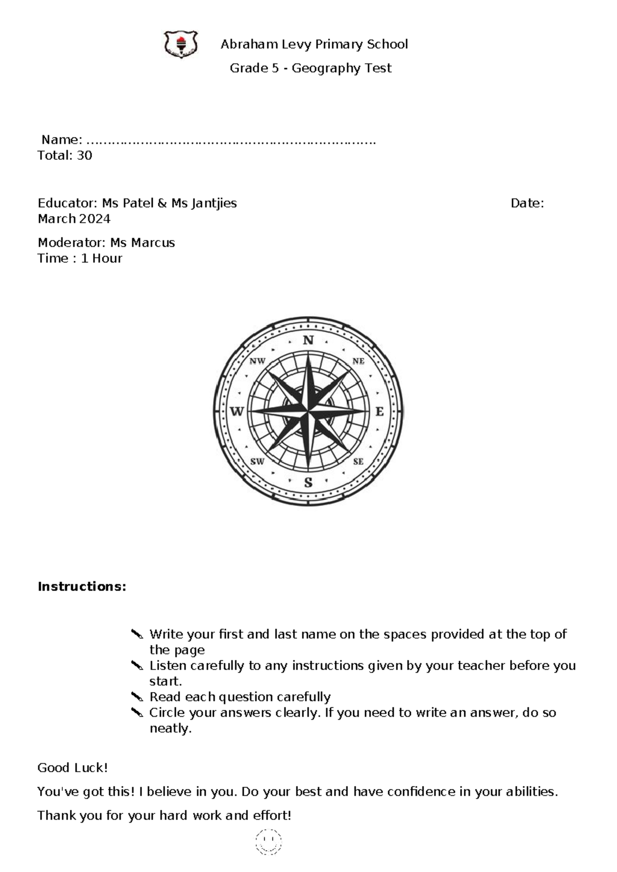 Geo- term 1 2024 test - geogrpay test gr5 - Abraham Levy Primary School ...