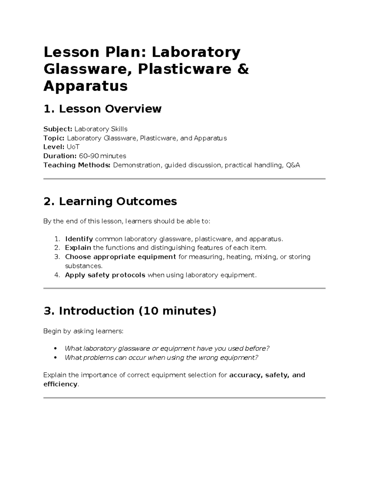 Unit 3 - Lesson Plan: Laboratory Glassware & Apparatus - Studocu