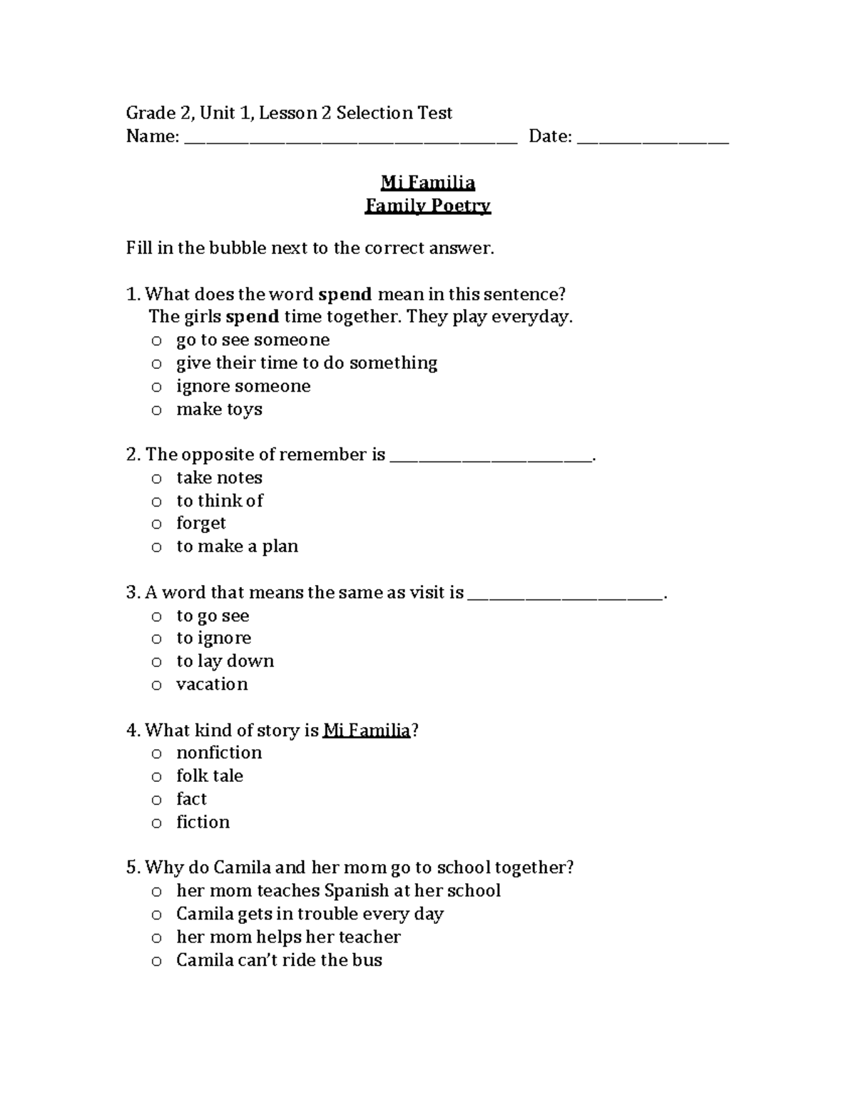 Journeys Unit 1Lesson 2Mi Familiaand Family Poetry Multiple Choice Test ...